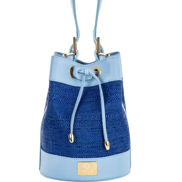 HENRY DANIEL ROMA Alice Bucket Bag Blu Leather & Blu Raffia