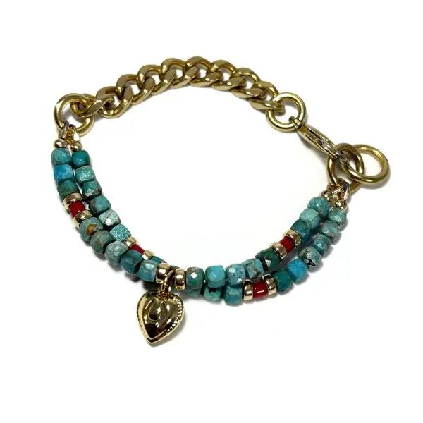 Rachel Nathan Blue / Red / Gold Remix: Duo Mini Turquoise & Red Coral Bracelet - Blue/red/gold