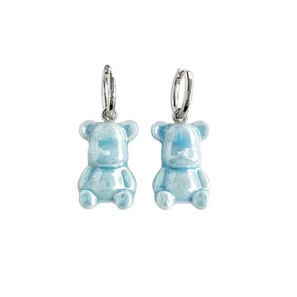 POPORCELAIN Baby Porcelain Teddy Bear Earrings, Silver Tone - Blue