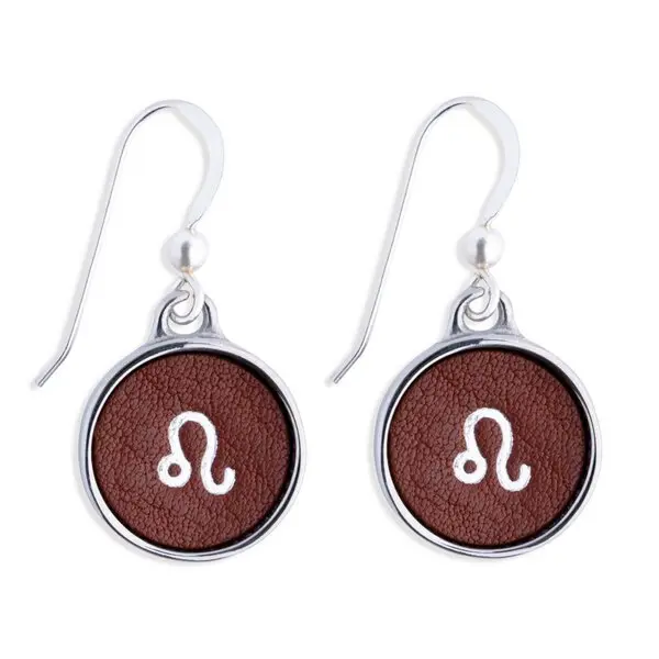 N'DAMUS LONDON Silver / Brown Zodiac Leo Brown Leather Earrings - Silver/brown