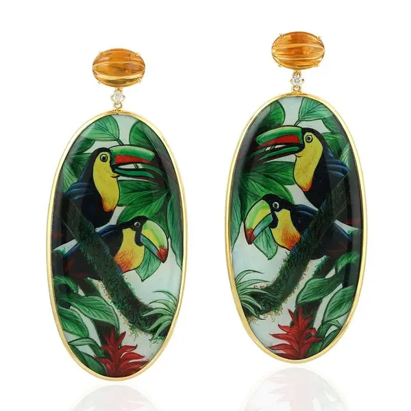 ARTISAN Bakelite Motif Drop Earrings With Citrine & Diamond In 18k Yellow - Gold