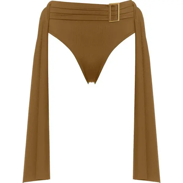 ANTONINIAS Amaze High Waisted Swimwear Bottom With Decorative Belt And Golden Buckle In Golden - Brown