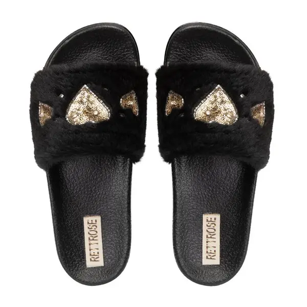 RETTROSE Ella Luxury Plush Diamanté Embellished Handmade Sliders - Black