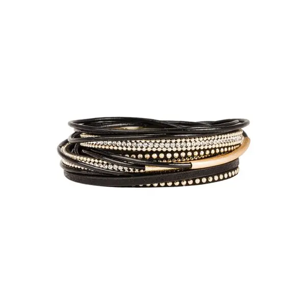 Saachi Leather Crystal Double Wrap Bracelet - Black