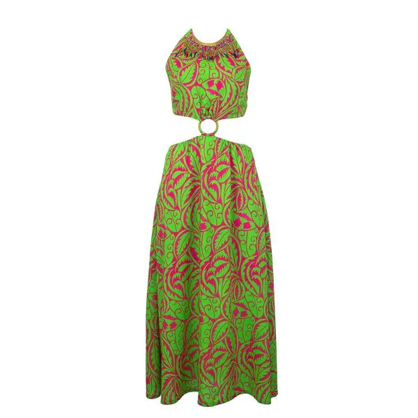 LALIPOP DESIGN Halter Neck Midi Dress With Cut-out Details Leaf Print - Green
