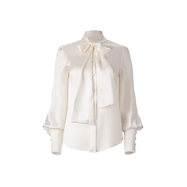 LITA COUTURE Silk Pussy-bow Shirt In Ivory - White
