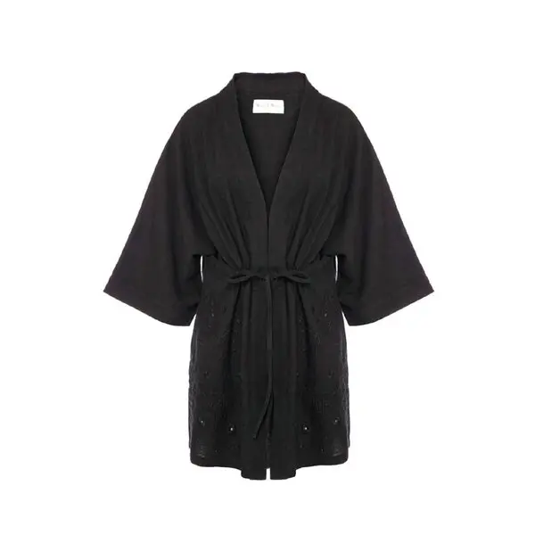 WOMEN & WOMEN Alexandria, Linen Blend, Embroidered, Short Kimono - Black