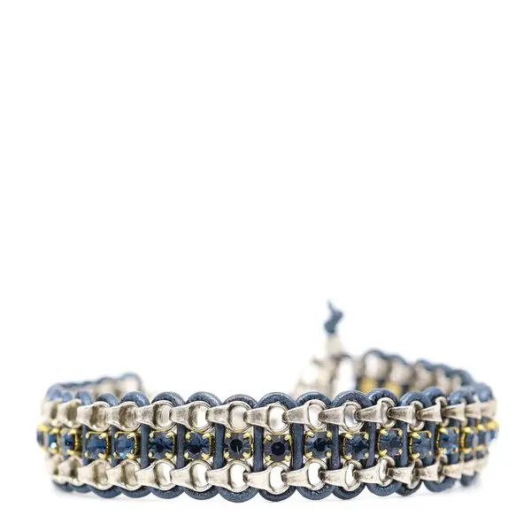 Shar Oke Silver / Blue Antique Silver Chain, Blue Montana Crystals & Blue Leather Bracelet - Silver/blue