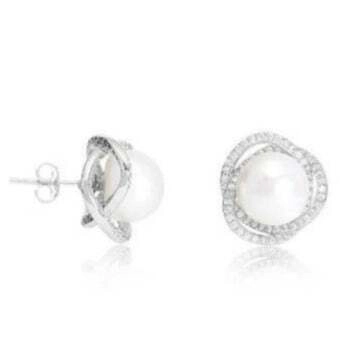 PEARLS OF THE ORIENT ONLINE Silver / White Stella Cultured Freshwater Pearl Stud Earrings With Pave Swirl Surround - Silver/white