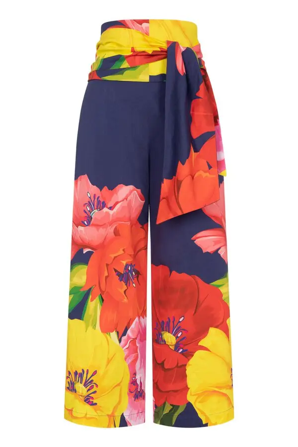MARIANNA DÉRI Wide-leg Trousers With Maxi Floral Print And Tie Belt - Blue