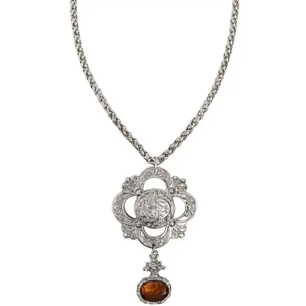 CARAMEL VINTAGE JEWELLERY Ornate Amber Pendant Necklace - Silver