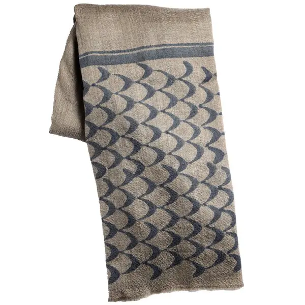 BABS BOUTIQUE NYC Neutrals / Cashmere Hand Block Printed Scarves Beige Scallop Design - Blue