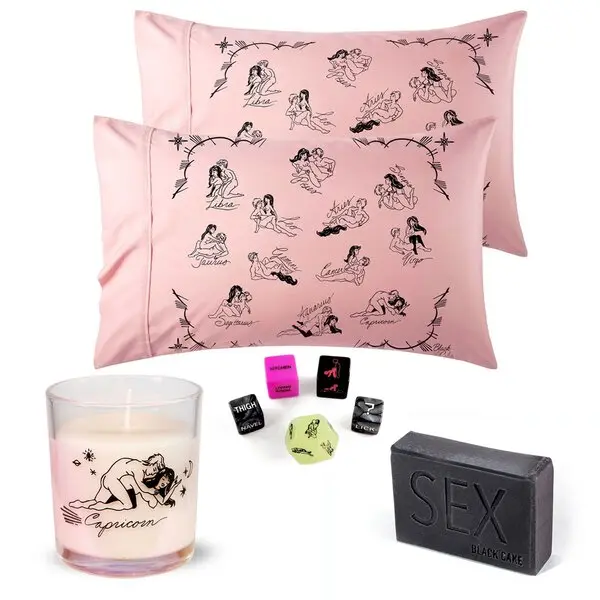 BLACK CAKE Capricorn Pleasure Pack- Zodiac Horoscope Love Pillowcase, Soap, Candle Set - Pink