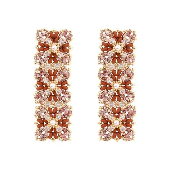 Oana Savu Brown / Gold Brown Glass Beads & Silver Lace Design Long Elegant Earrings - Brown/gold