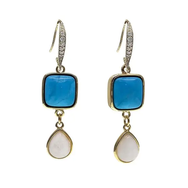 FARRA Turquoise With Teardrop Moonstone Dangle Comfortable Earrings - Blue