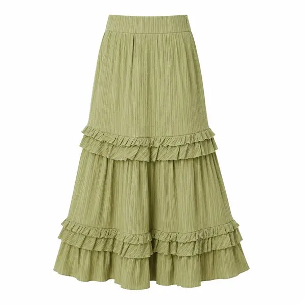 SMART AND JOY Long Pleated Skirt With Ruffles - Green