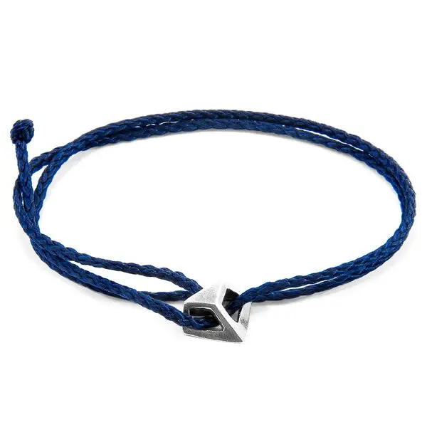 ANCHOR & CREW Navy Arthur Silver & Rope Skinny Bracelet - Blue