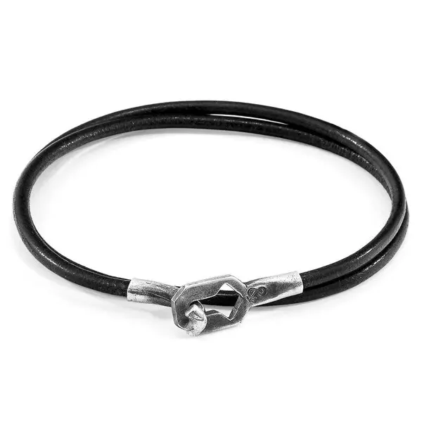 ANCHOR & CREW Black / Silver Raven Black Tenby Silver & Round Leather Bracelet - Black/silver