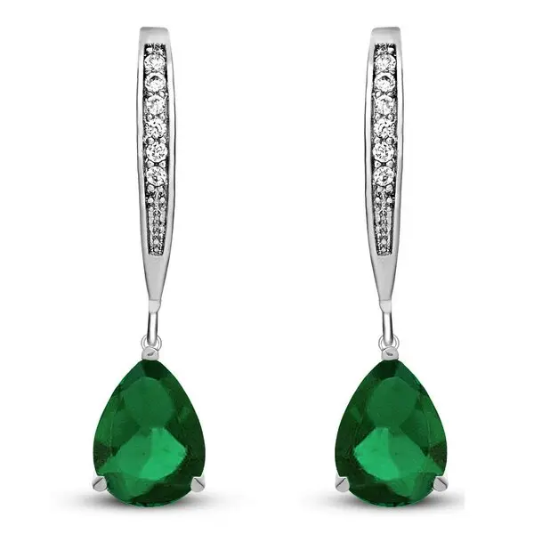GENEVIVE Sterling Silver White Gold Plating With Pear-shaped Cubic Zirconia Dangle Earrings - Green