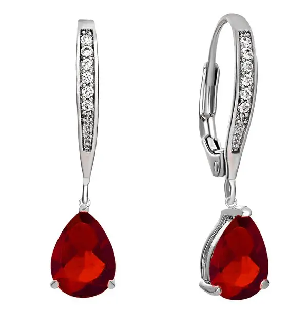 GENEVIVE Sterling Silver White Gold Plating With Pear-shaped Cubic Zirconia Dangle Earrings - Red