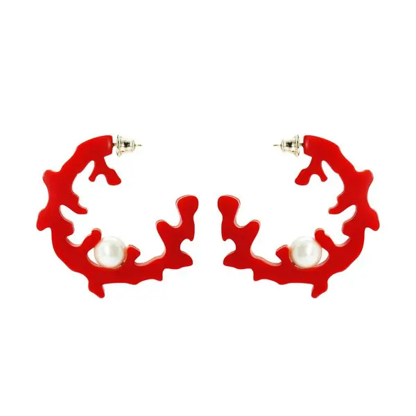 GISSA BICALHO Handmade Hoop Coral And Pearl L - Red