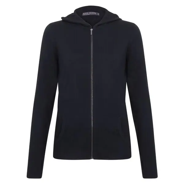 PAUL JAMES KNITWEAR Heavyweight Merino Activewear Hooded Eirene Jumper - Black