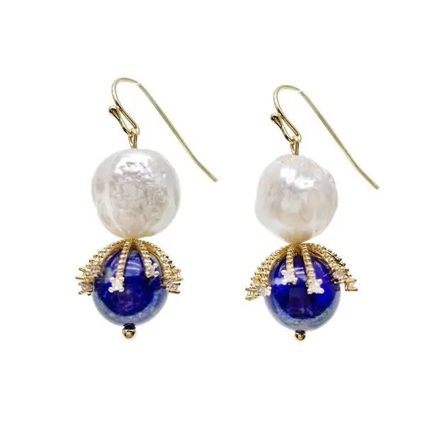 FARRA Blue / White Freshwater Pearl With Blue Aventurine Dangle Earrings - Blue/white