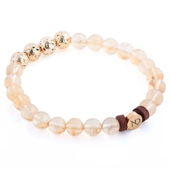 N'DAMUS LONDON Leather, Golden Yellow Citrine & Gold Gemstone Beaded Bracelet - Orange