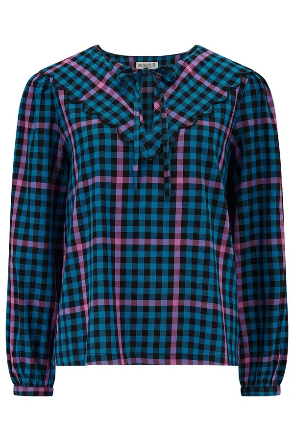 SUGARHILL BRIGHTON Nessie Scallop Collar Blouse Teal, Twilight Gingham - Black