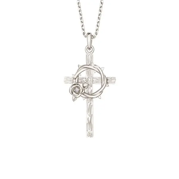 VANIMY Crown Of Thorns Rose Cross Pendant Necklace - Silver