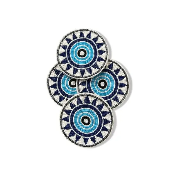 CASA DUNIYA Blue / White Hand-beaded Blue & White Evil Eye Glass Bead Coasters Set Of Four - Blue/white