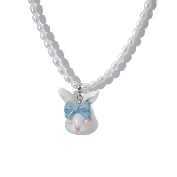 H2 STUDIO Grumpy Bunny Jade Freshwater Pearl Choker Necklace - Blue