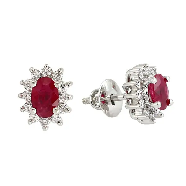 ARTISAN White / Red Ruby & Diamond Halo Stud Earrings In 18k White Gold - White/red