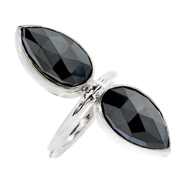 HEATHER HAWKINS Double Lotus Beauty Semi-precious Custom Cut Gemstone Ring Sterling Silver Hematite - Grey