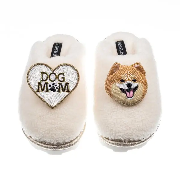 LAINES LONDON Teddy Closed Toe Slippers With Teddy The Pomeranian & Dog Mum / Mom Brooches Cream - White