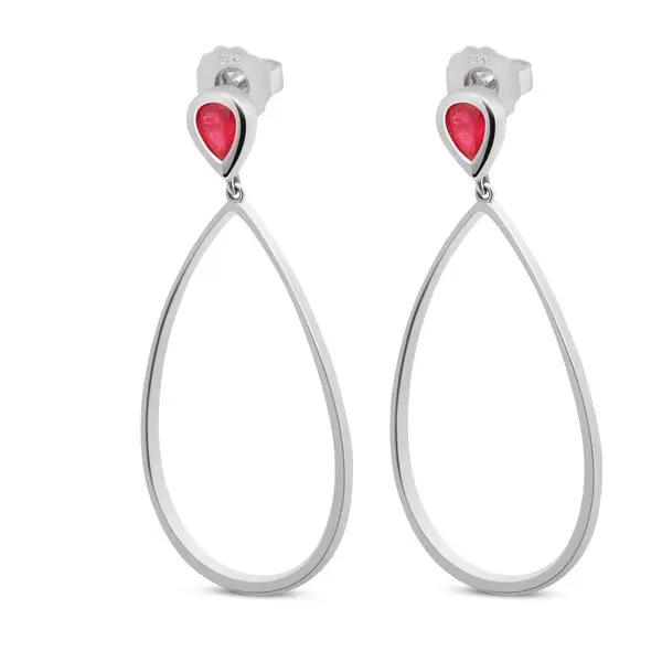 LUCY QUARTERMAINE Solid Sterling Petal Drop Earrings With Pear Cut Ruby - Silver