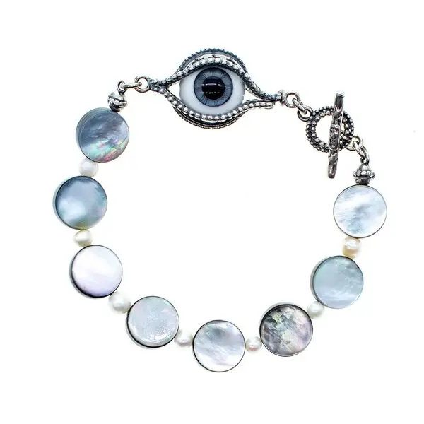 GEM KINGDOM Silver / Blue / Grey Eye Love You Mother Of Pearl Disc Bracelet - Silver/blue/grey