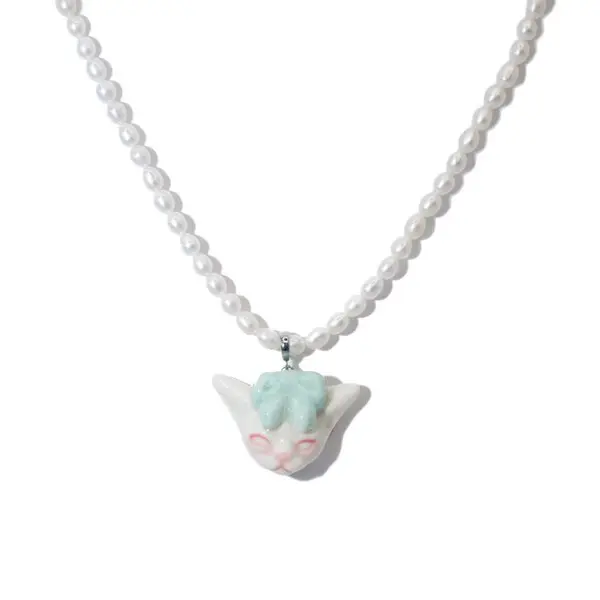 H2 STUDIO Angry Puss Mint Bow Tie Freshwater Pearl Necklace - Green