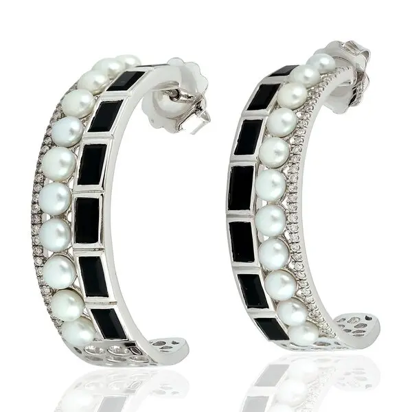 ARTISAN White / Black Pearl, Black Onyx & Diamond Hoop Earrings In 18k White Gold - White/black