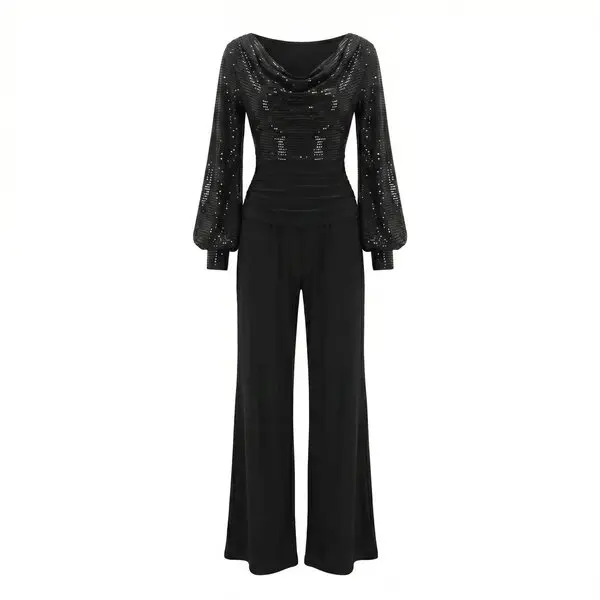 ATOM LABEL Indium Jumpsuit With Bell Sleeve In Sequin - Black