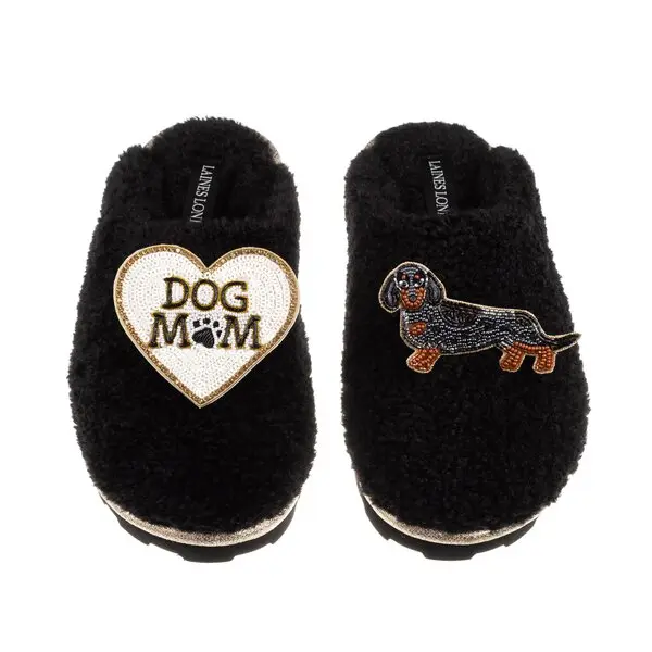 LAINES LONDON Teddy Closed Toe Slippers With Dog Mum/mom & Dapple Dachshund Brooches - Black