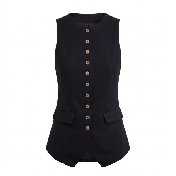 MODENAIRE Longline Vest Structured Button Front - Black