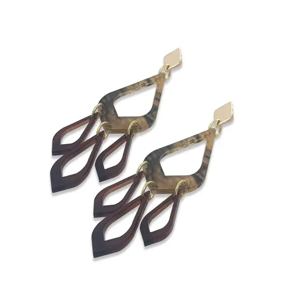 TOOLALLY Feather Drop Earrings White Tortoiseshell & Earth - Brown