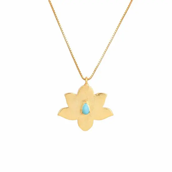 OPIUM JEWELS Gold / Blue Water Lotus Necklace Gold With Turquoise - Gold/blue