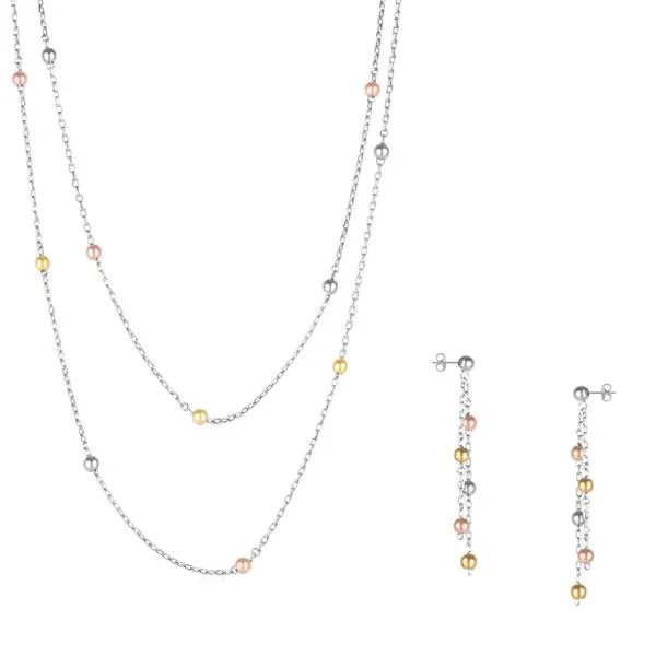 SPERO LONDON Dorica Sterling Silver Multi Bead Drop Earrings And Double Layer Necklace Set Multicolour - Gray