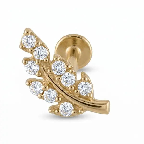 Zahav Jewelry 14k Solid 18g 8mm Leaf Shaped Internally Threaded Flat Back Stud