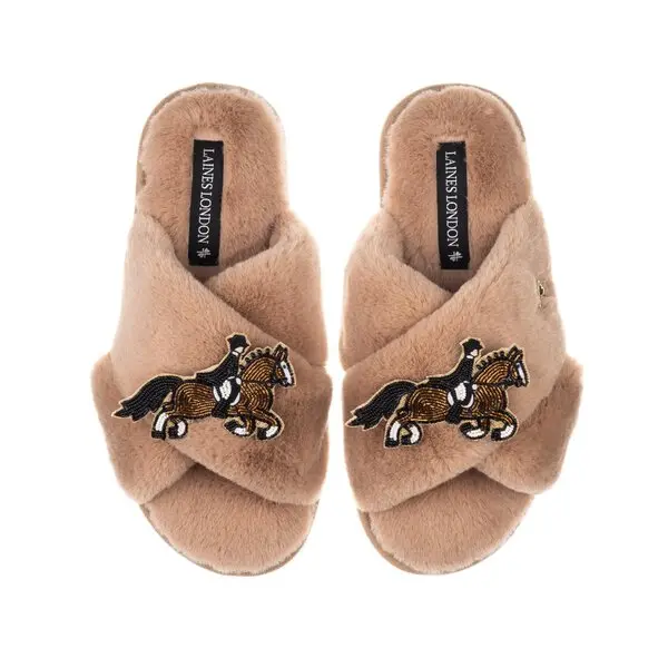 LAINES LONDON Neutrals Classic Laines Slippers With Dressage Horse Brooches Toffee - Brown