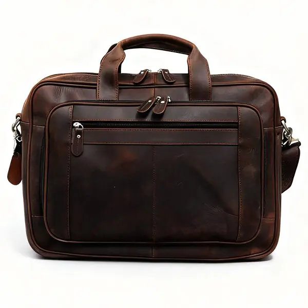 TOURI Genuine Leather Briefcase With Luggage Strap Dark - Brown