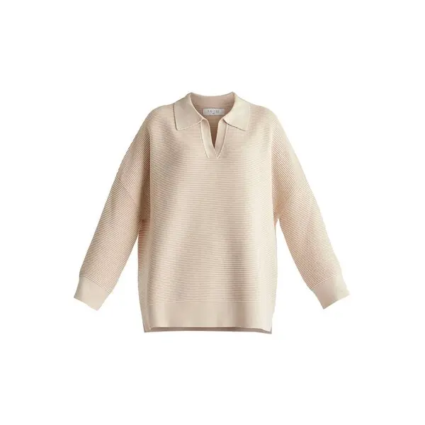 PAISIE Neutrals Polo Collar Ribbed Jumper - Beige
