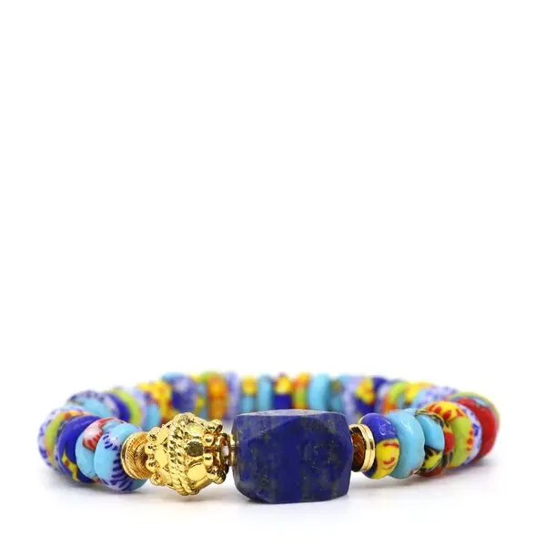 Shar Oke Blue Medley African Glass & Lapis Lazuli Bracelet - Gold